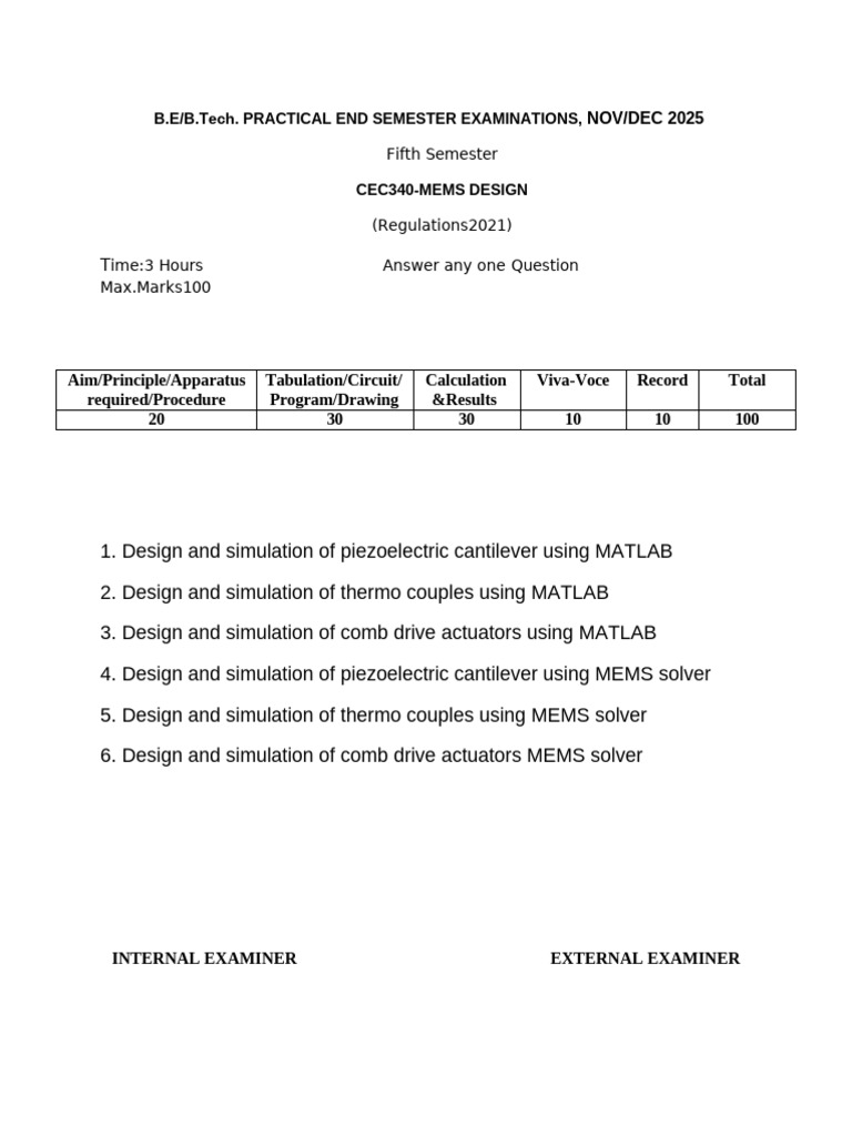MEMS Design Practical Exam Guide | PDF