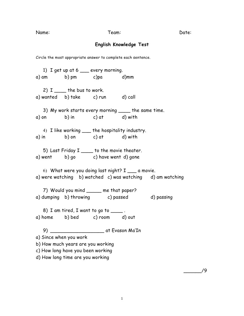 English Knowledge Test: Circle The Most Appropriate Answer To Complete ...