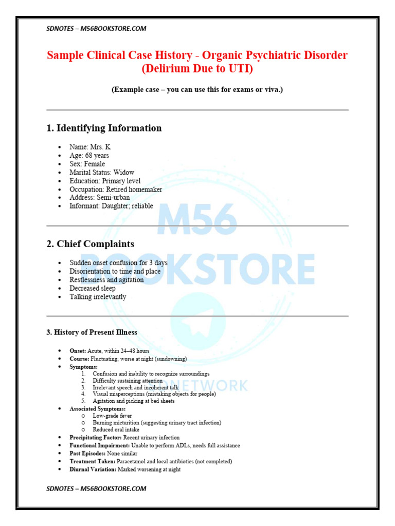 Sample Clinical Case History Organic Psychiatric Disorder Delirium ...