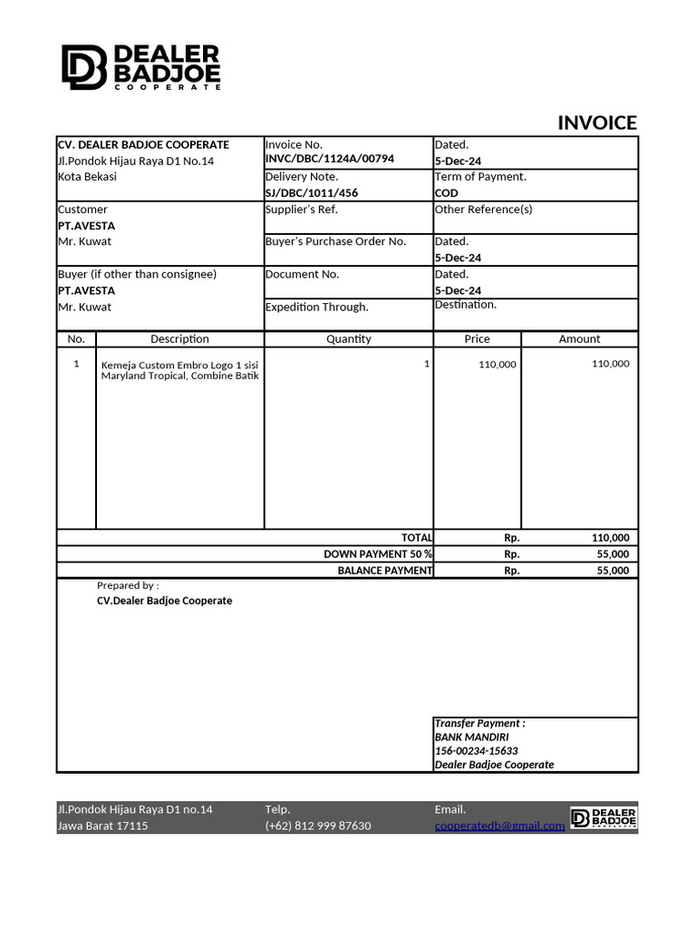 Invoice for Custom Embroidered Shirts | PDF