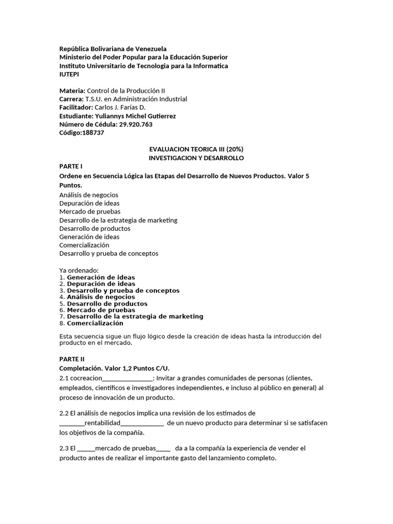 Eval Unidad 3 Control II | PDF | Producto (Negocio) | Marketing