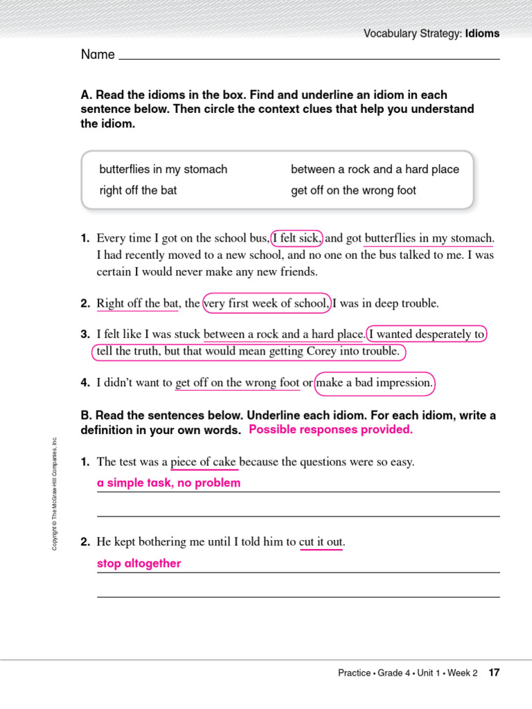 Grade 4 Idioms Vocabulary Practice | PDF