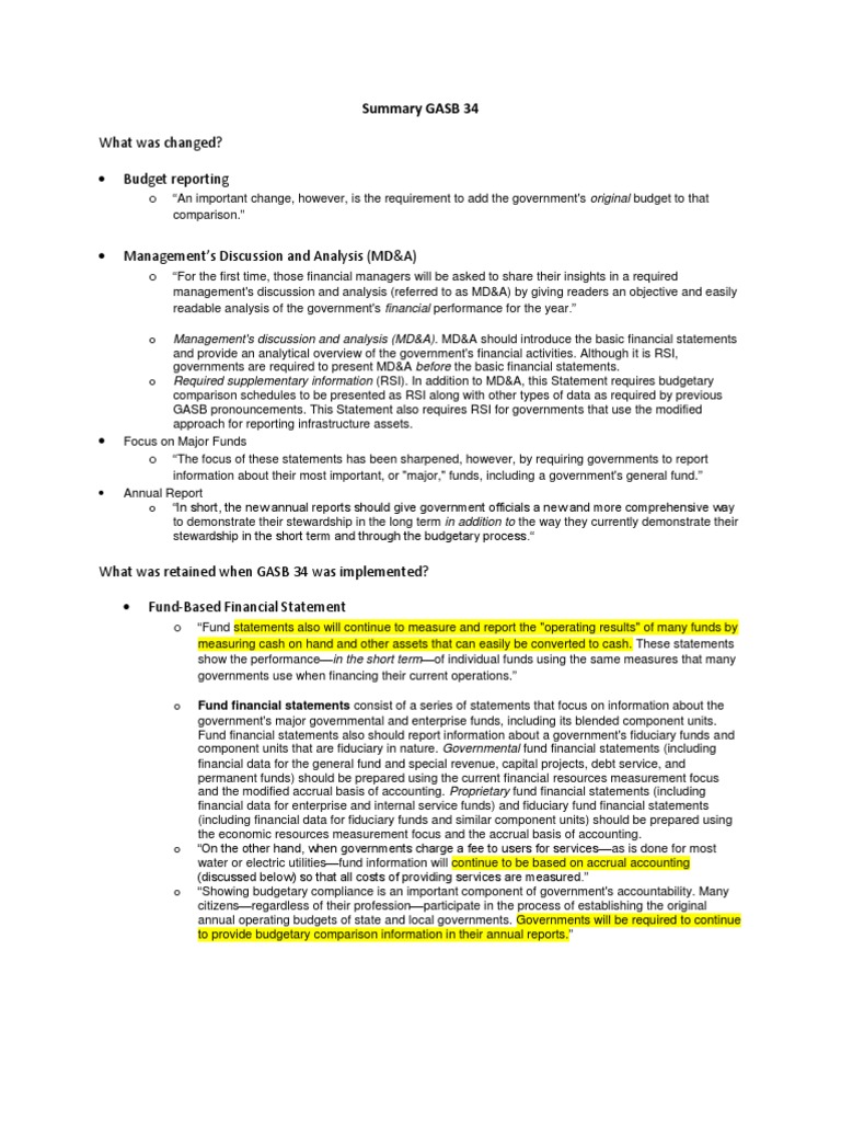 Summary GASB 34 | Financial Statement | Revenue
