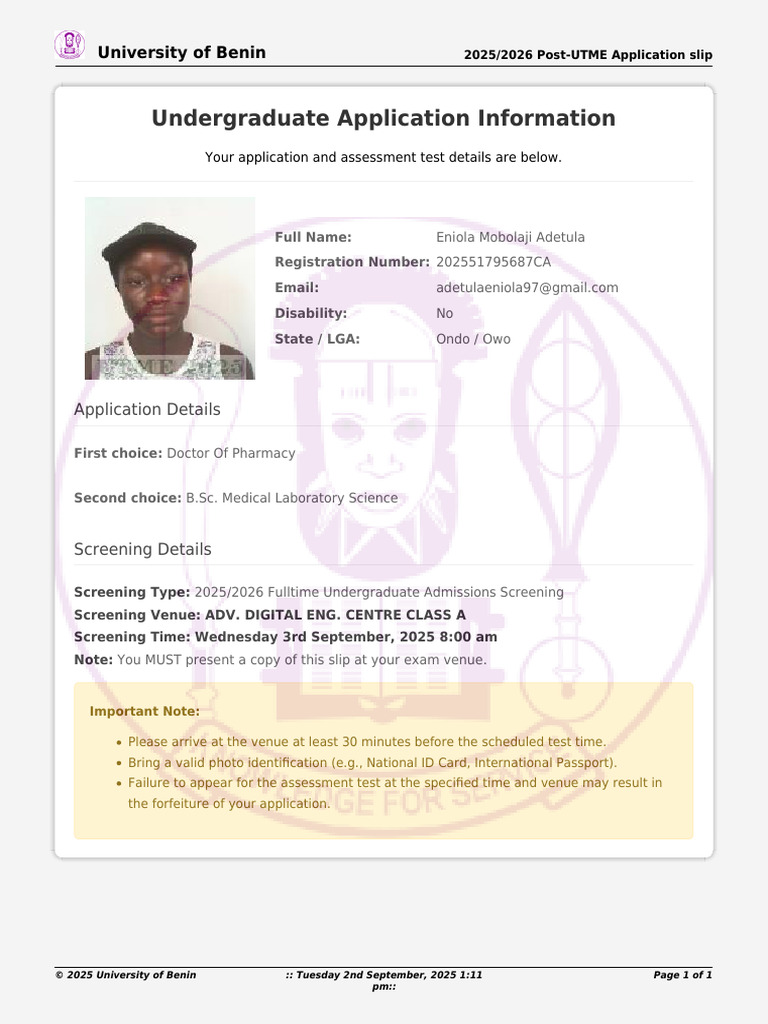 2025 - 2026 Post-UTME Application Slip | PDF