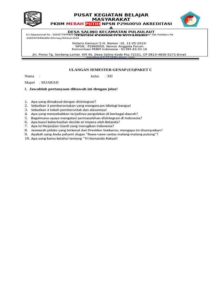 Ulangan Semester Genap Sejarah XII PKBM | PDF