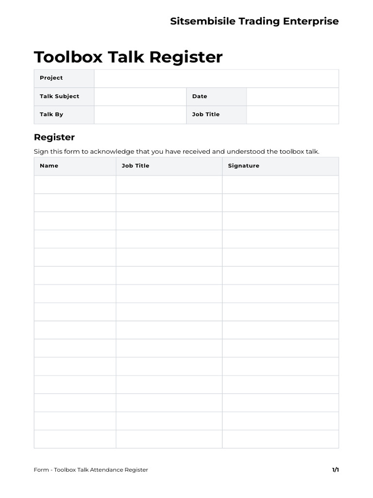 Toolbox Talk Attendance Register Form | PDF