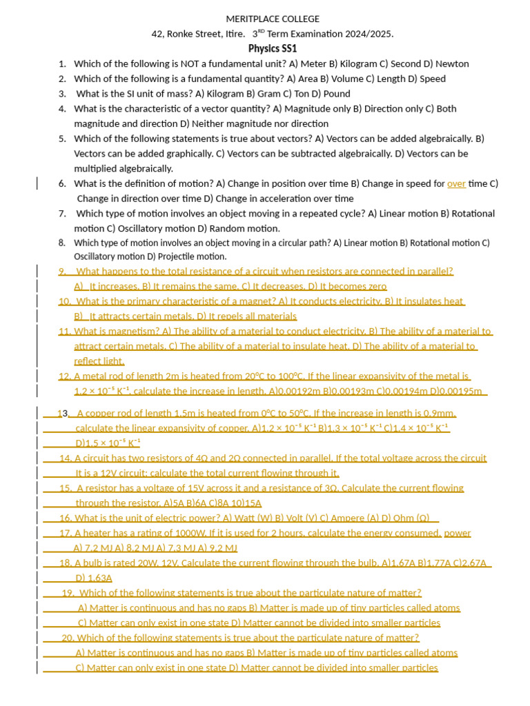 SS1 Physics Exam Questions 2024/2025 | PDF | Resistor | Electromagnetism