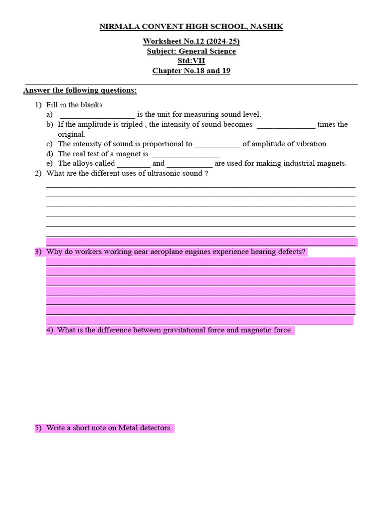 STD 7 Science Ch-18 and 19 Worksheet - 12 | PDF | Sound | Physical ...