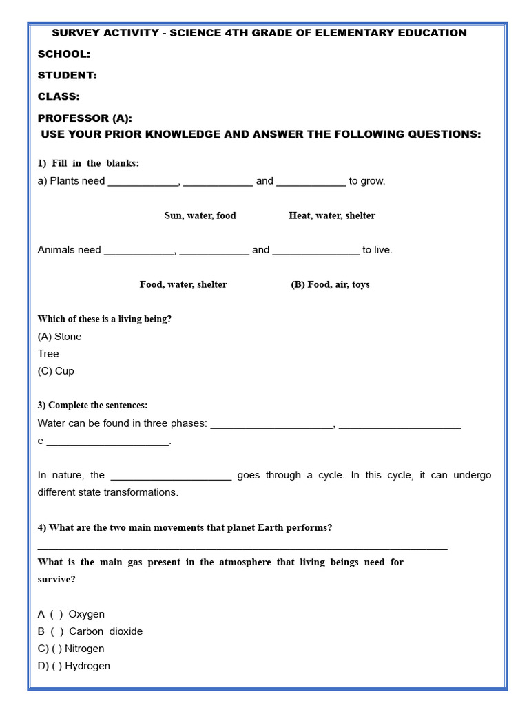 4th Grade Science Survey Activity | PDF