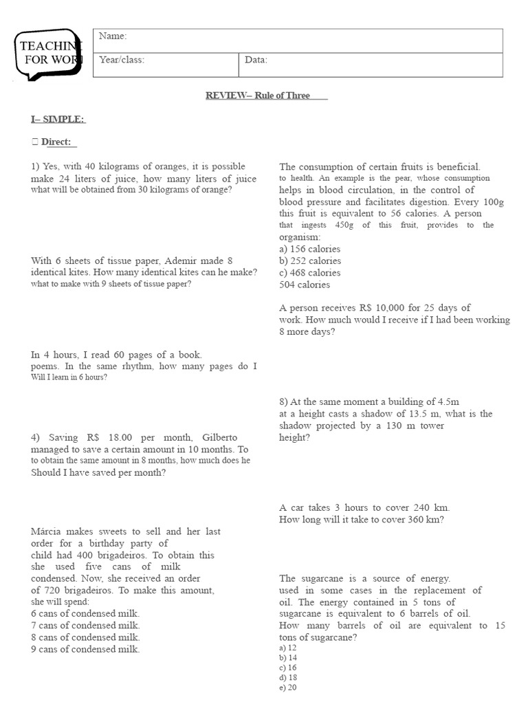 7th Year - Exercise - SIMPLE RULE OF 3 - Direct and Inverse Review Davi ...