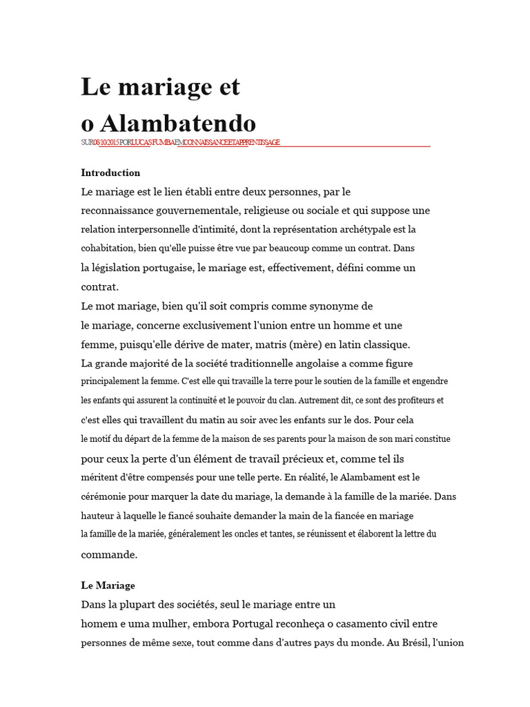 Mariage et Alambamento en Angola | PDF | Mariage | Mariage des enfants