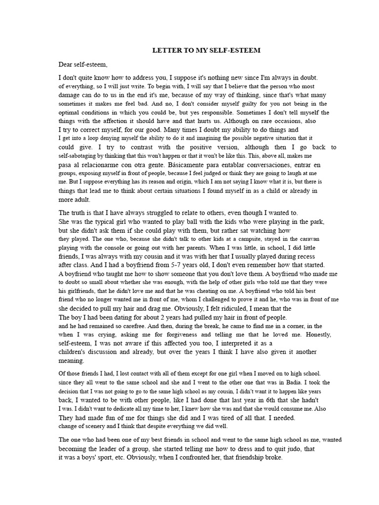 Letter To My Self-Esteem | PDF | Self Esteem | Thought