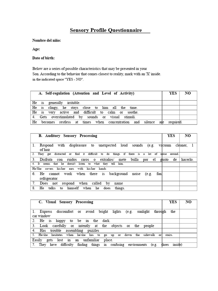 Sensory Profile Questionnaire for Children | PDF | Perception | Chair