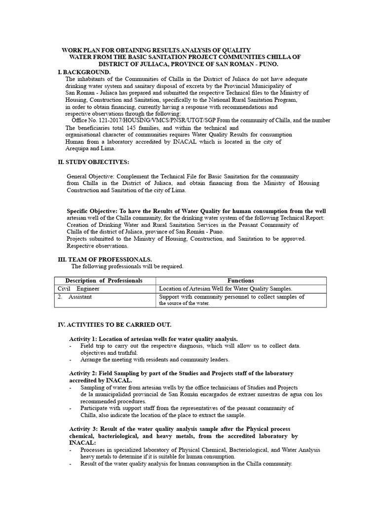 Work Plan Water Quality Analysis Community Chilla MPSR-J | PDF | Water ...