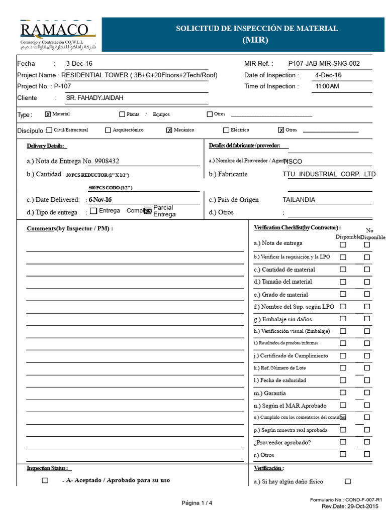 Solicitud de Inspección de Material | PDF