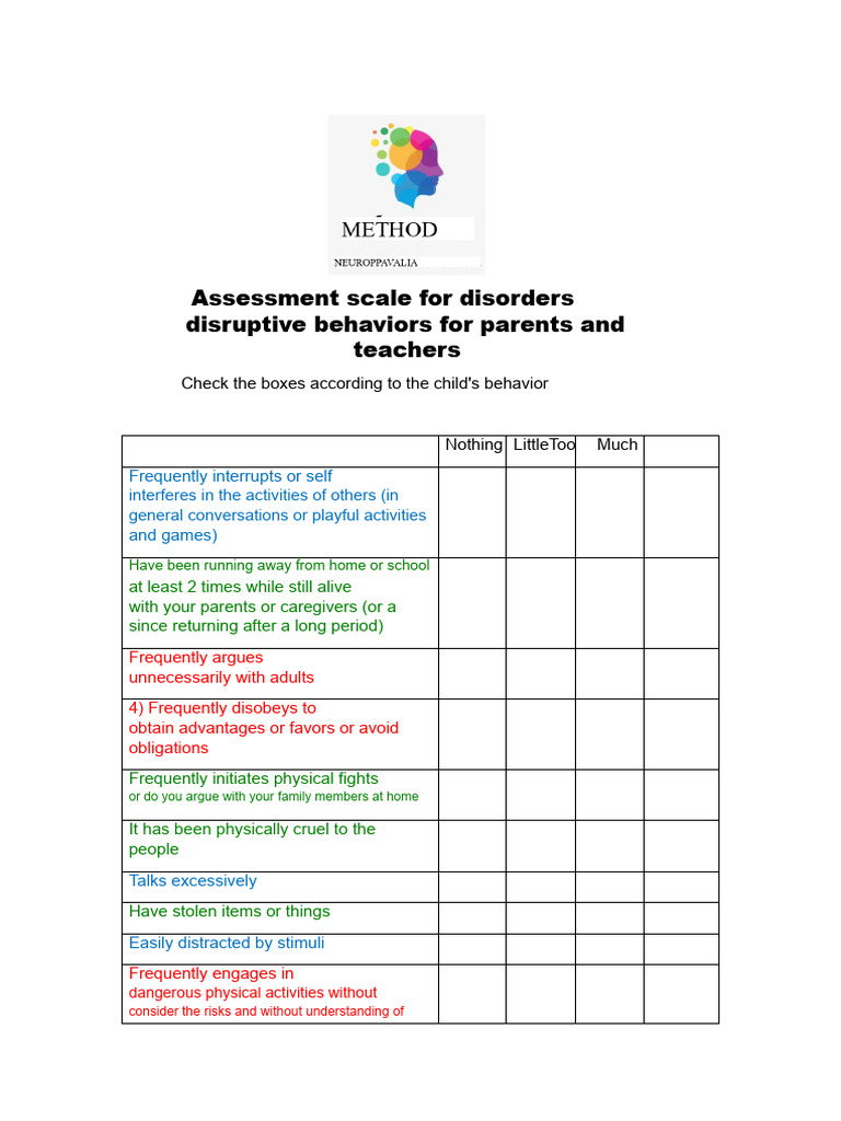 Scale For Evaluating Disruptive Behavior Disorders For Parents and ...