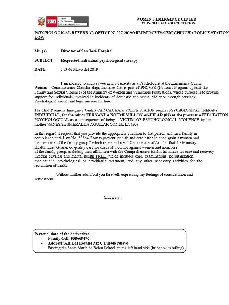 Psychological Referral Letter | PDF | Violence | Psychology