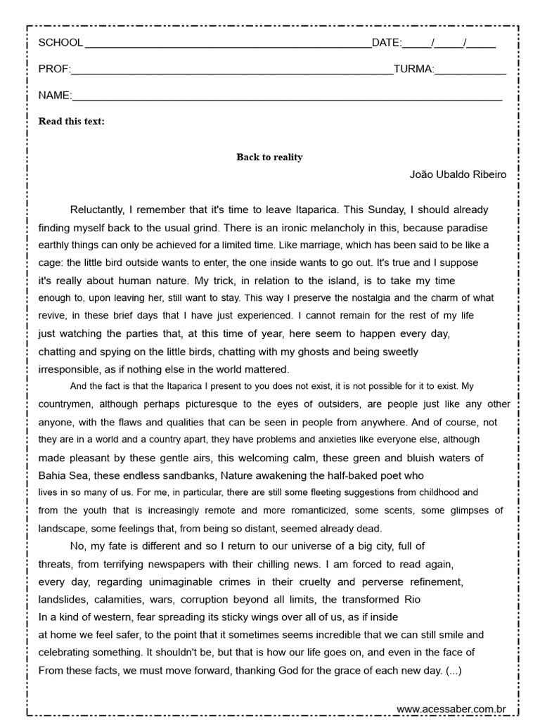 Text Interpretation of Back To Reality 1st Year of High School Answers ...