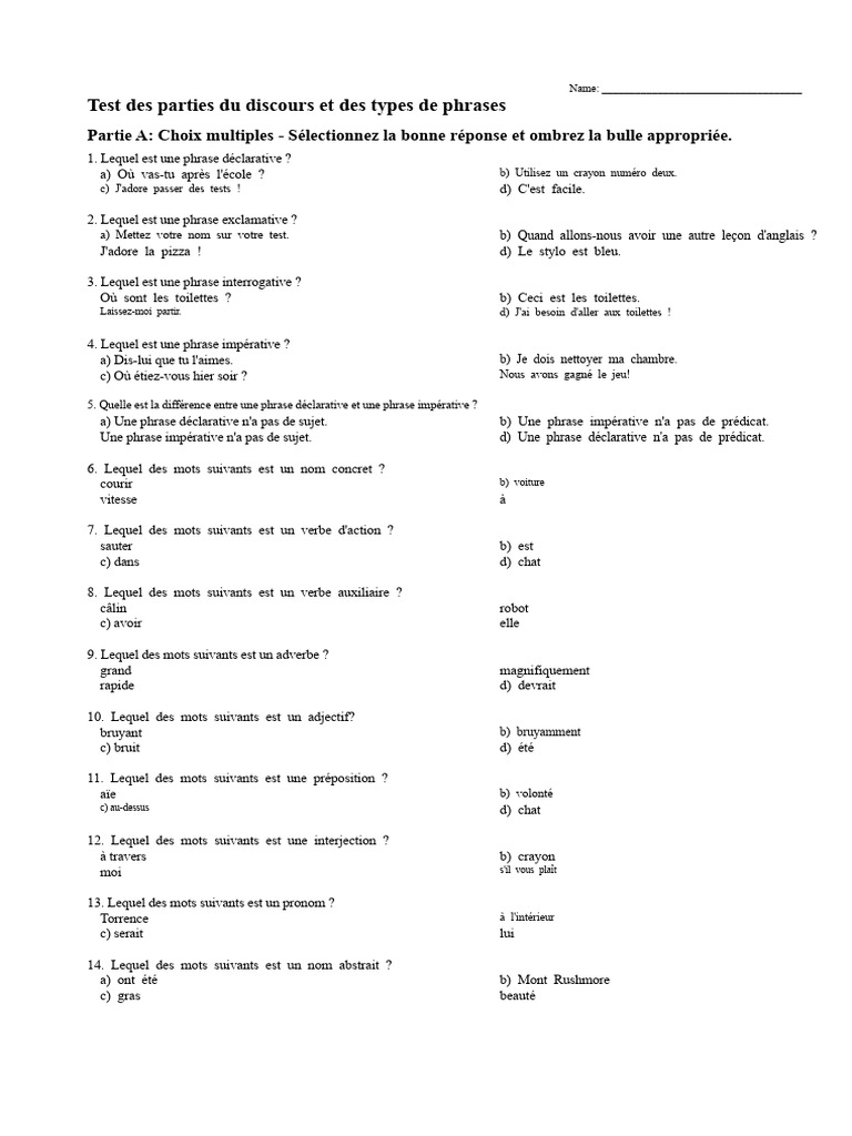 Test sur les parties du discours | PDF | Phrase | Nature (grammaire)