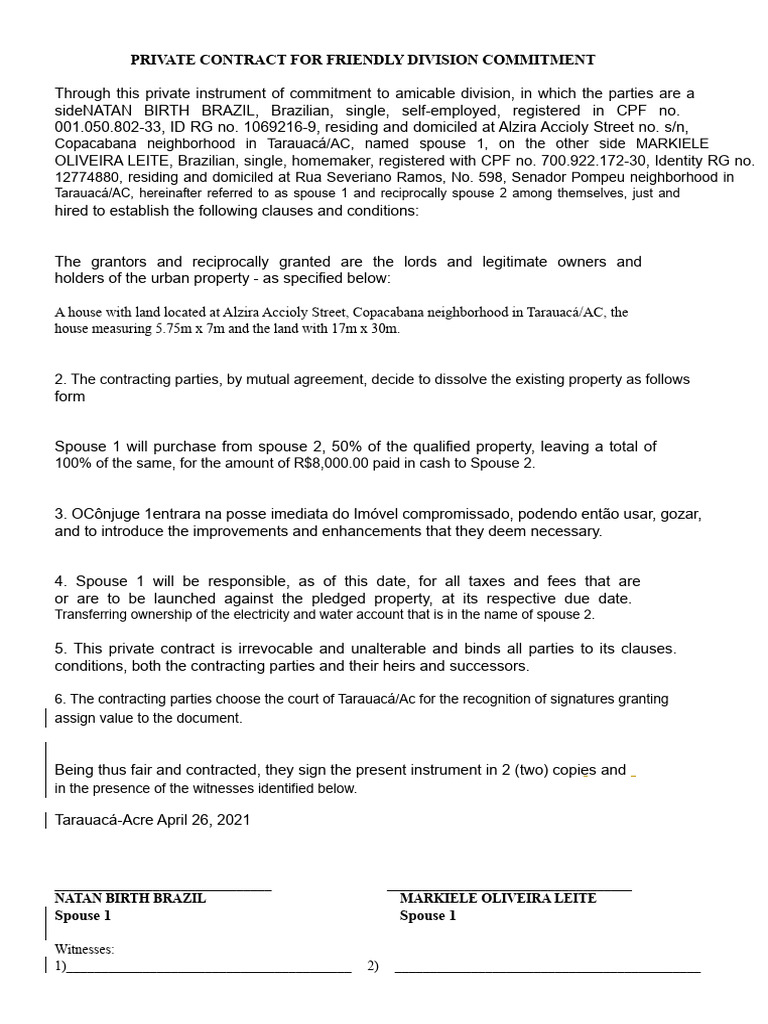 Private Agreement of Friendly Division Commitment | PDF | Natural ...