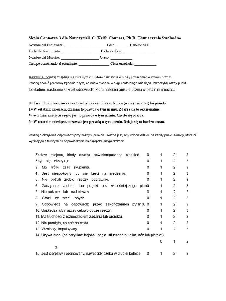 Skala Connersa 3 Dla Nauczycieli Długa-Tłumaczenie Hiszpański | PDF