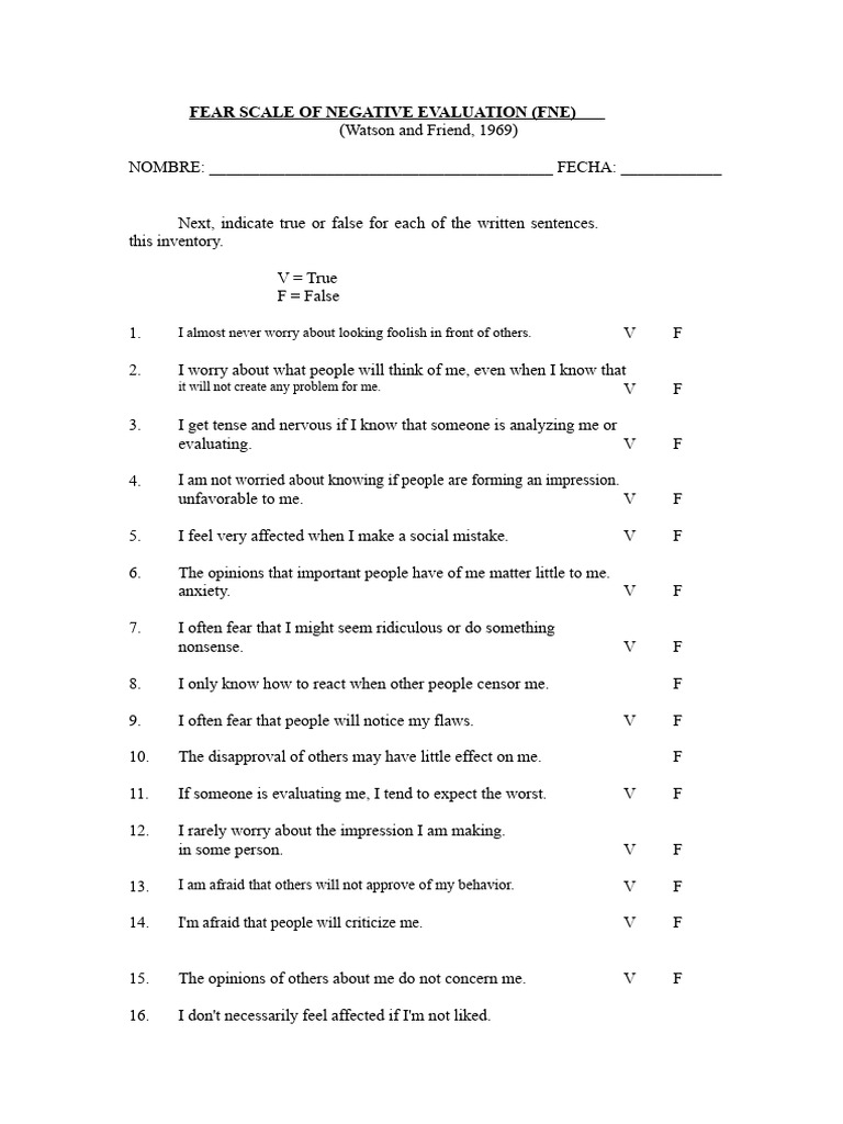 Fear of Negative Evaluation Scale | PDF | Psychology | Psychological ...