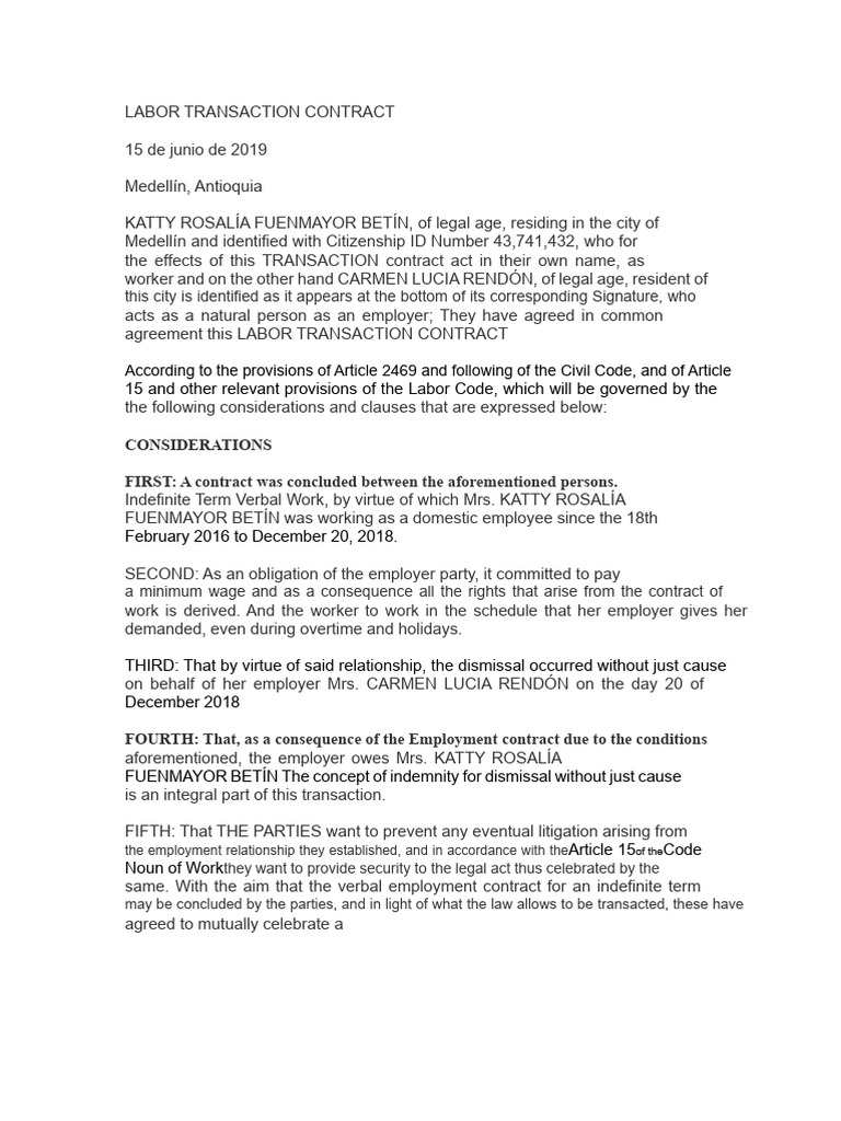 Transaction Contract | PDF | Employment | Indemnity