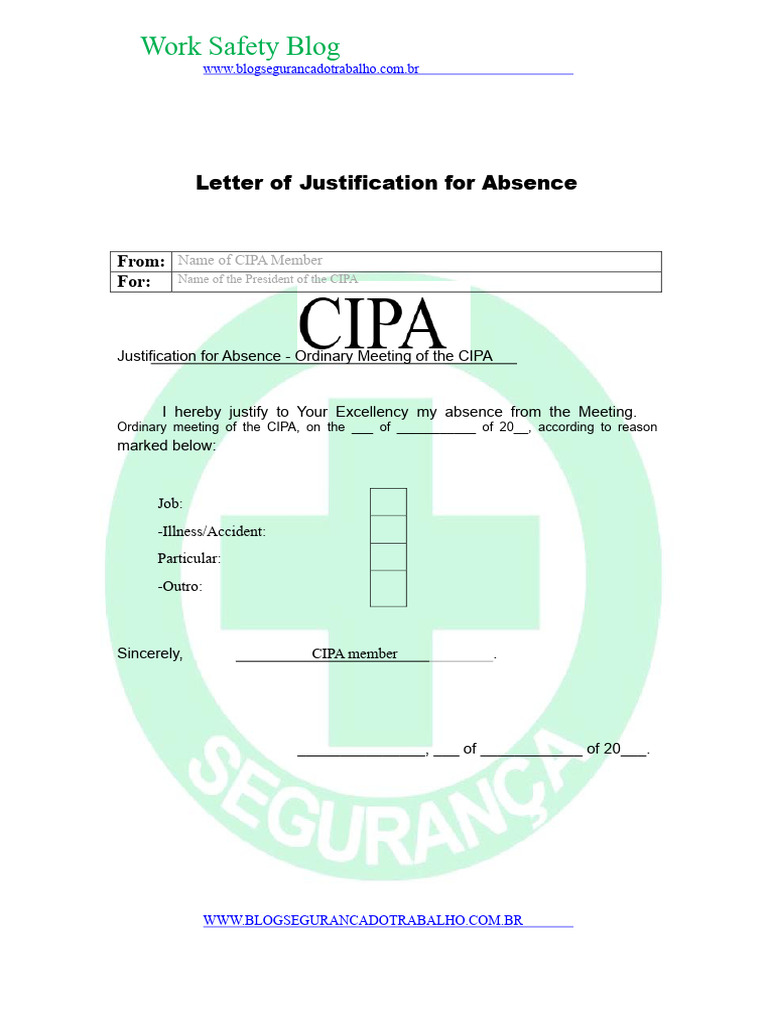 Model - Justification Letter For Absence From CIPA Meeting ...