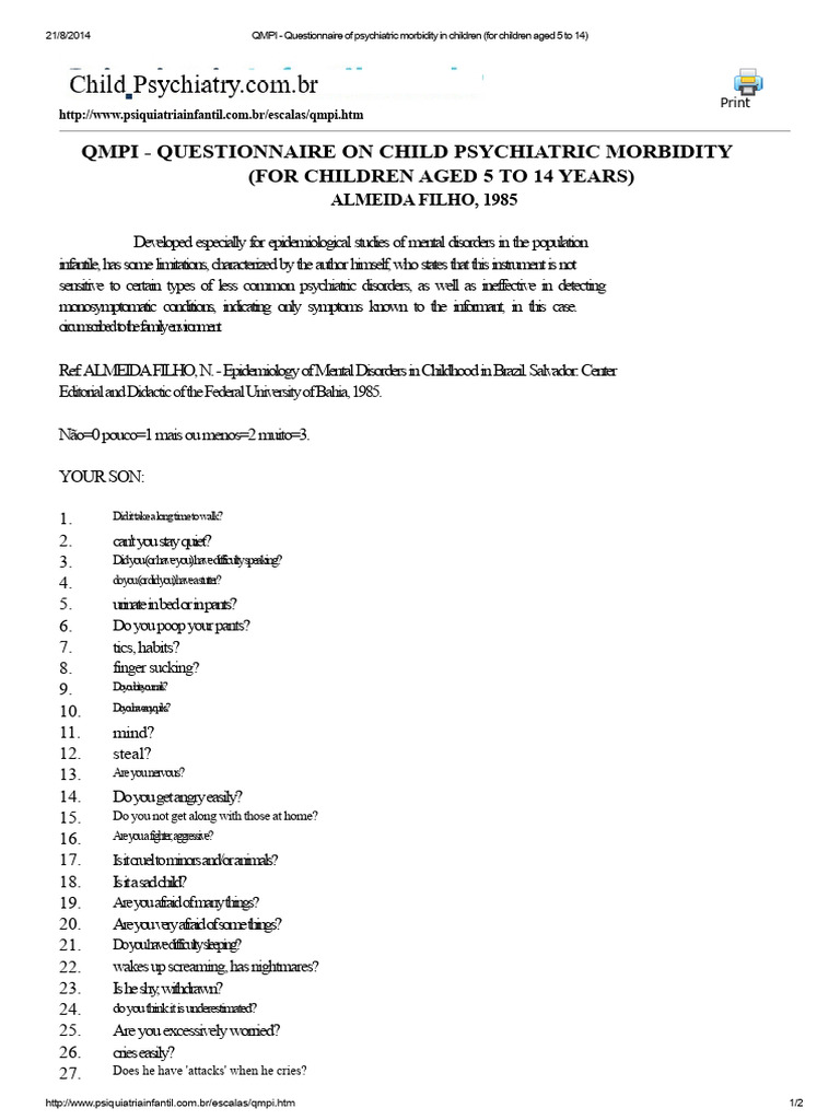 QMPI - Questionnaire For Child Psychiatric Morbidity (For Children Aged ...