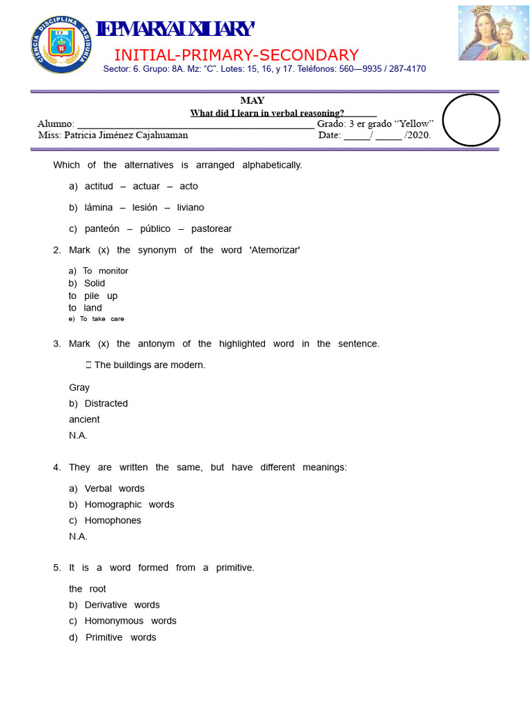 VERBAL REASONING EXAM Third Grade | PDF