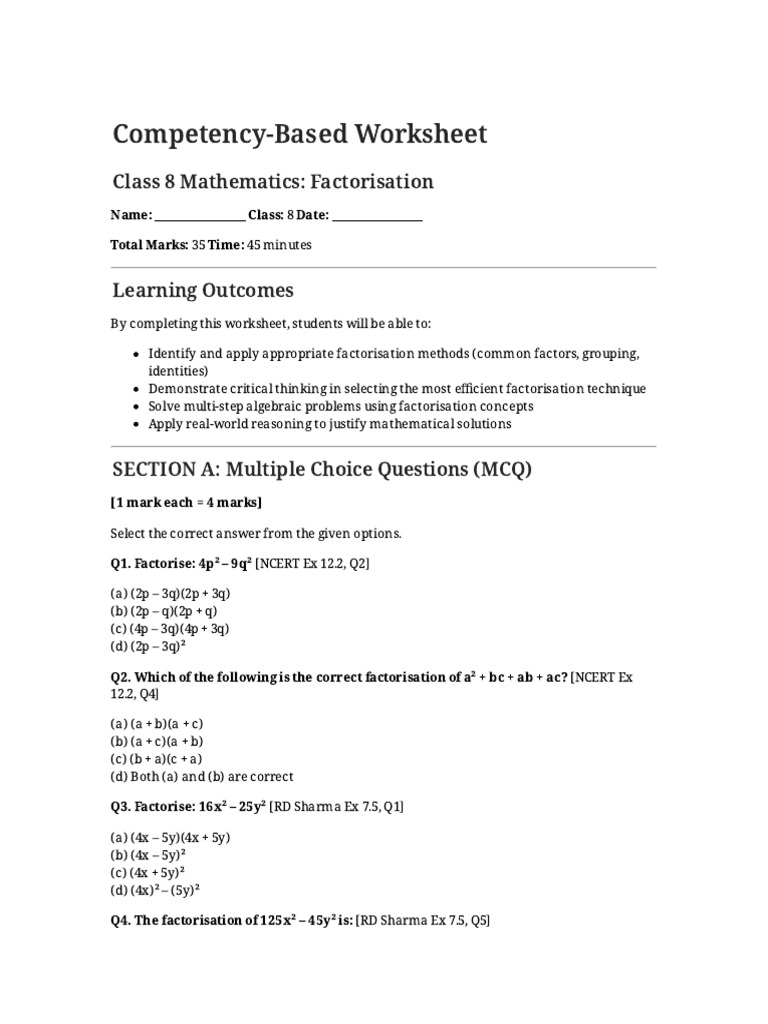 Class 8 Factorisation Worksheet | PDF | Factorization | Mathematics