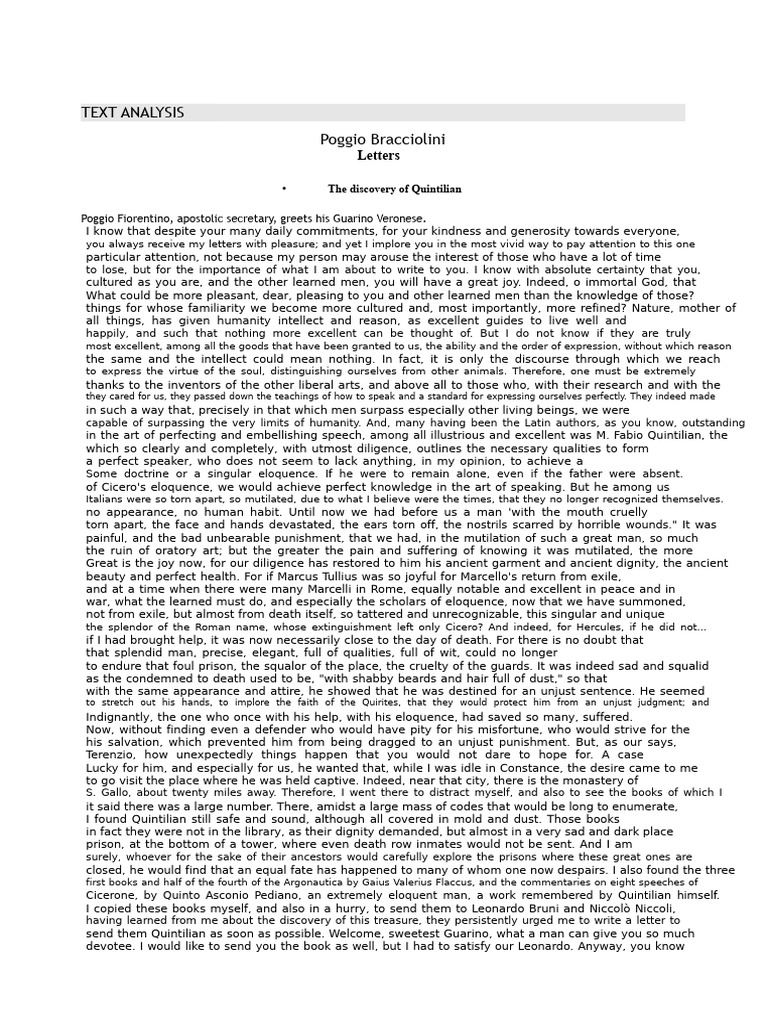 Poggio Bracciolini - Text Analysis | PDF | Rhetoric | Narrative