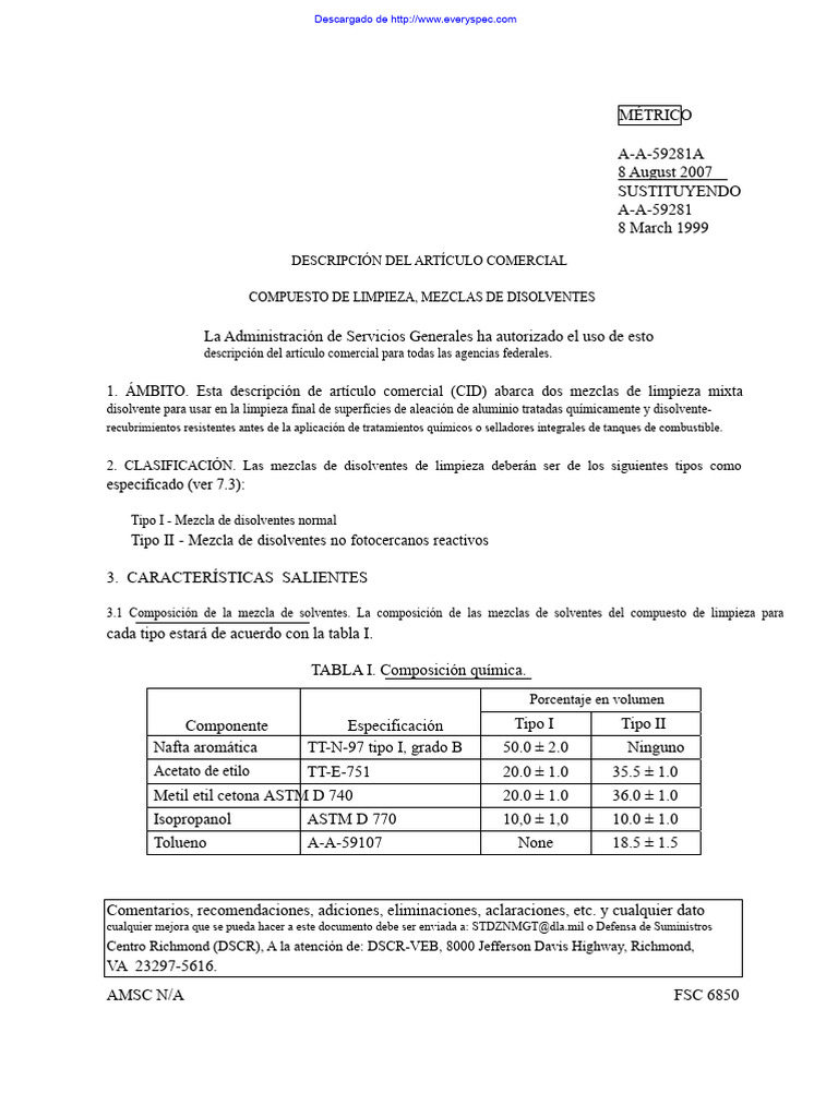 A-A-59281A Disolventes Suplanta MIL-C-38736 | PDF | Solvente | Etanol