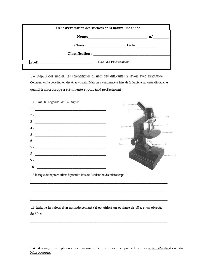 Évaluation des sciences de la nature 5e année | PDF | Cellule (Biologie ...