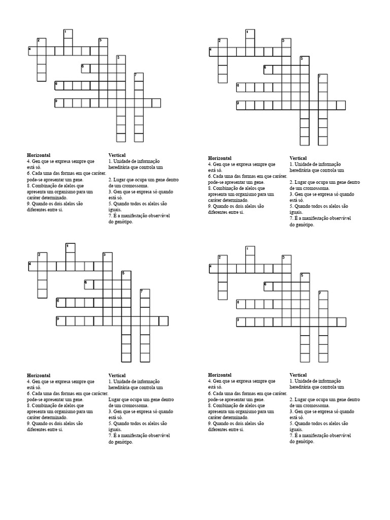 Crucigrama Conceitos Básicos de Genética | PDF | Alelo | Genótipo