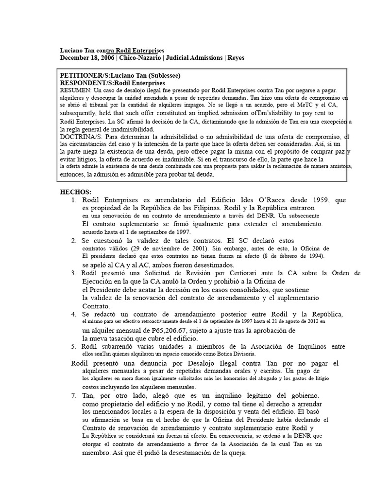 Desalojo Ilegal: Caso Tan vs. Rodil Enterprises | PDF | Ley común ...