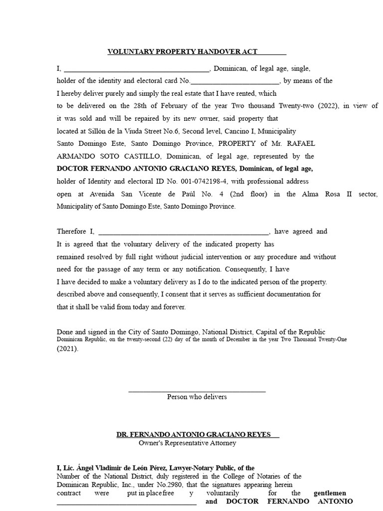 Voluntary Handover of Property | PDF | Dominican Republic | Common Law