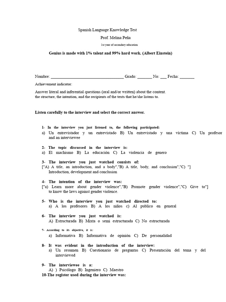 Spanish Language Knowledge Assessment | PDF | Linguistics | Grammar