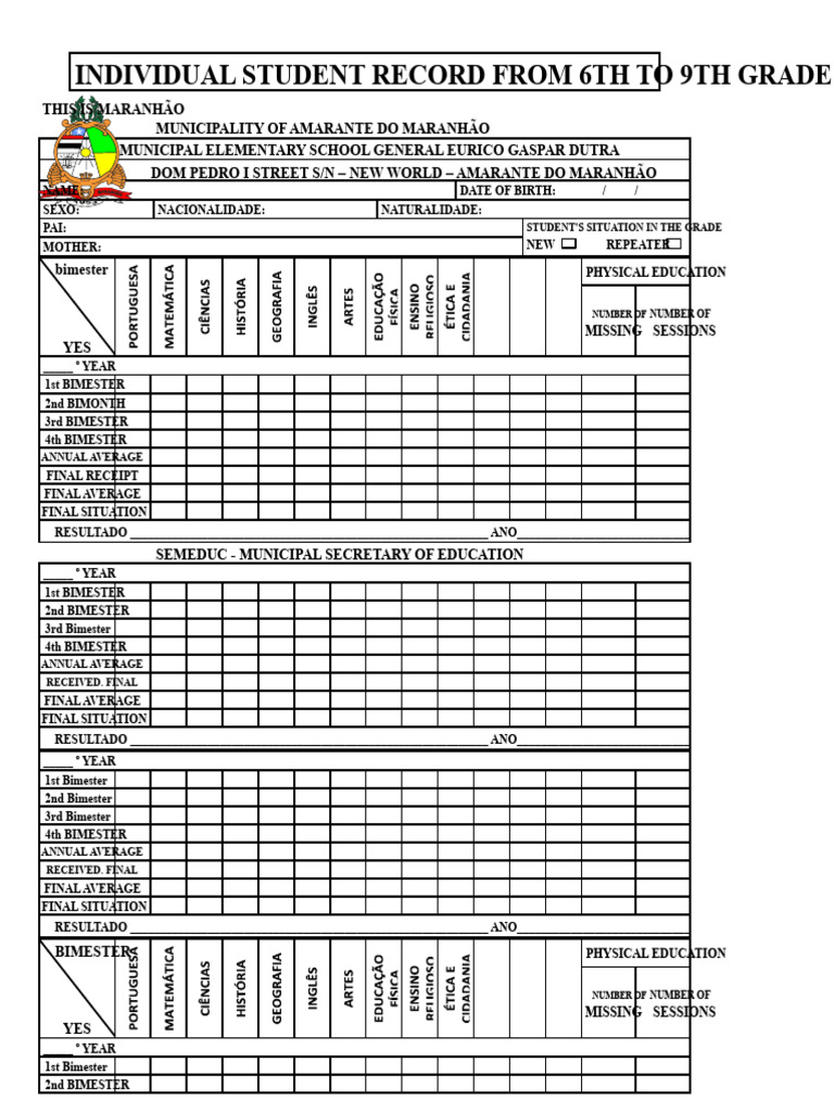 Individual Student Record From 6TH Grade To 9TH Grade | PDF