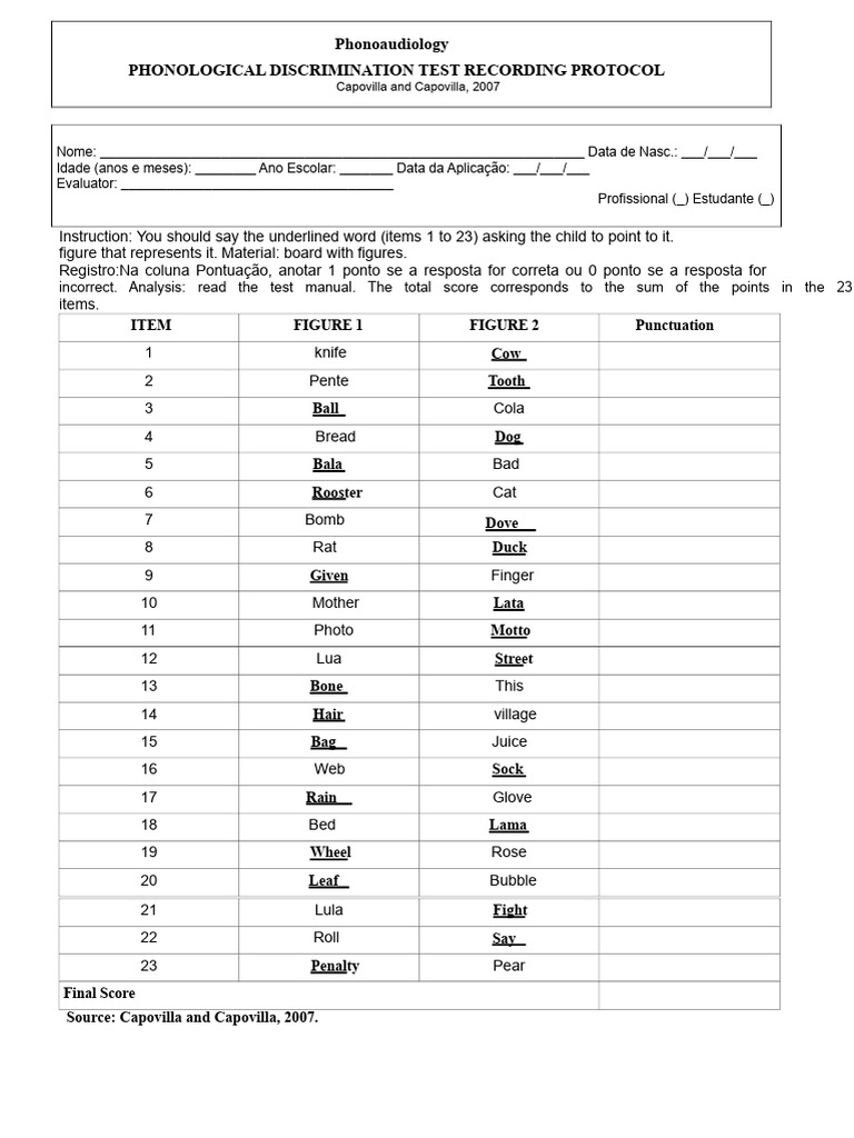 Phonological Discrimination Test Protocol | PDF | Oral Communication ...
