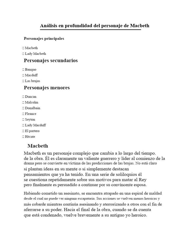 Análisis de Personajes de Macbeth | PDF | Macbeth | Tragedias de ...