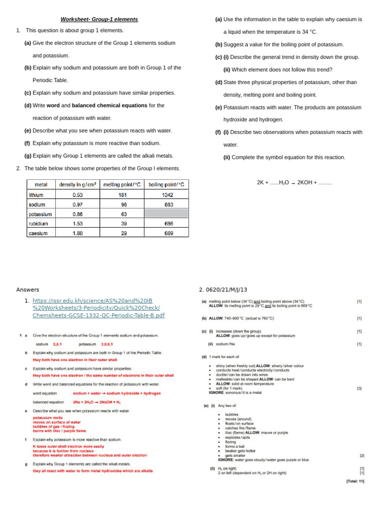 Periodic Table Group 1 Worksheet | PDF