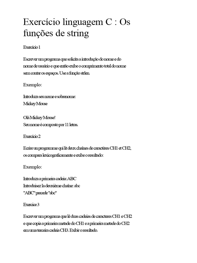 Exercício linguagem C - As funções de string - Exercícios C | PDF