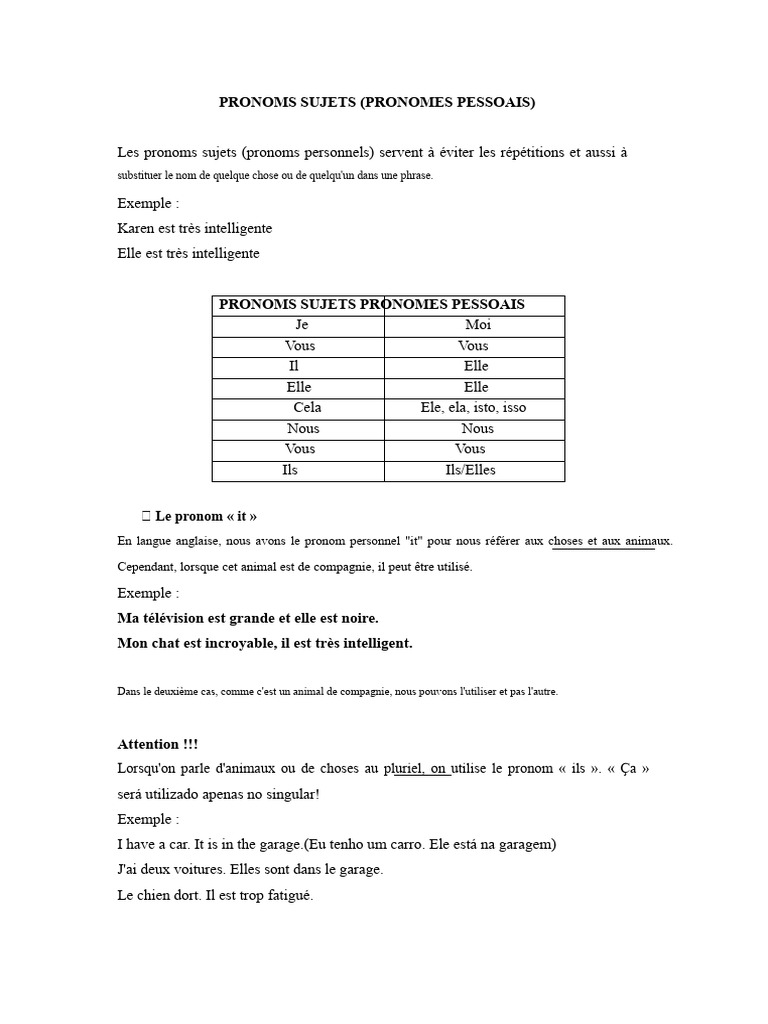 Pronoms sujets et verbe "être" en français | PDF | Pronom | Nombre ...