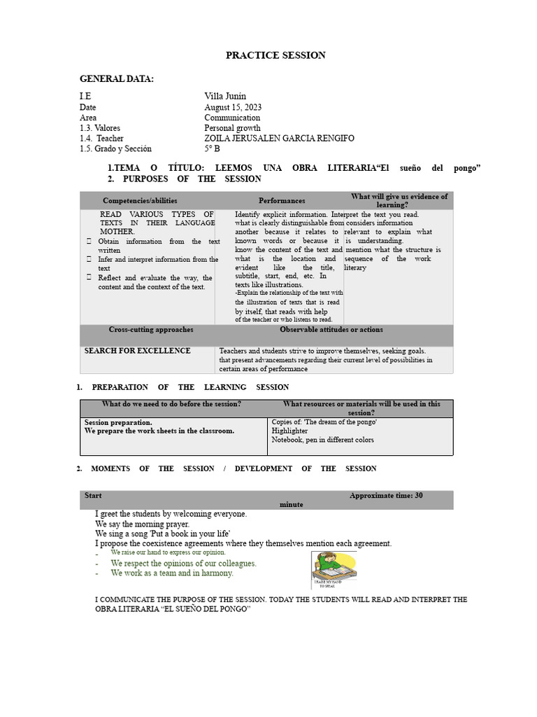 Communication session, The dream of the pongo 5th grade B | PDF ...