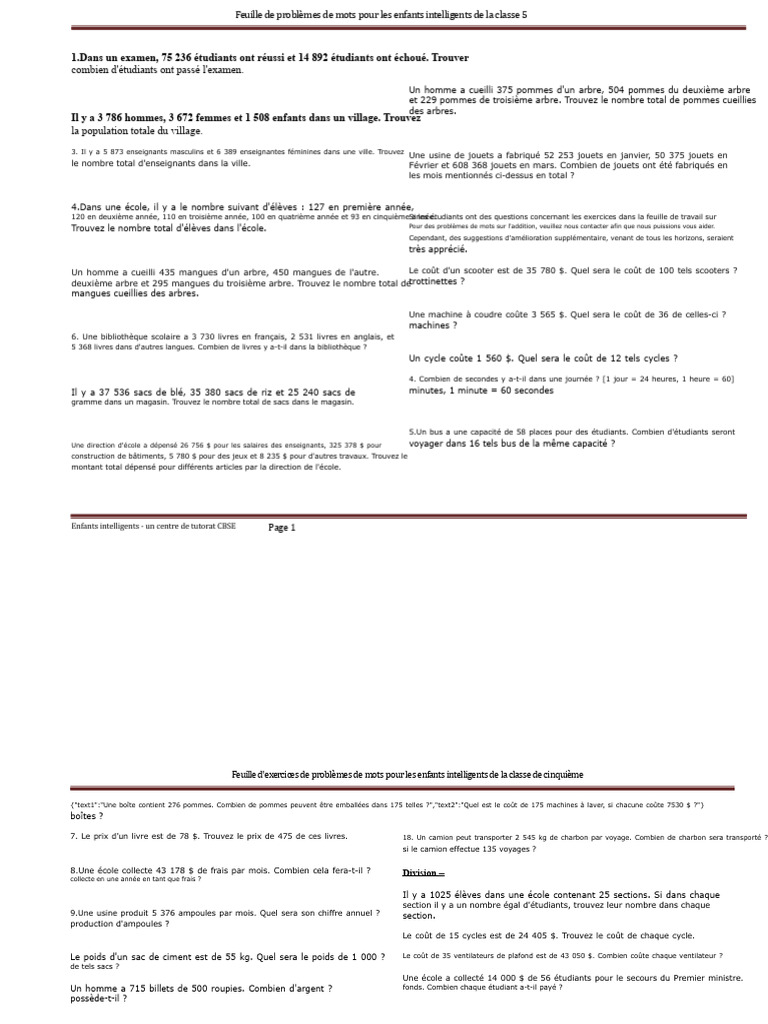 Problèmes de mots pour enfants de 5e | PDF