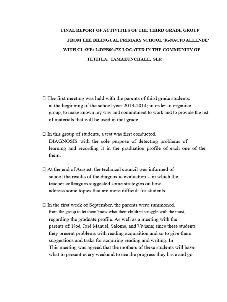 Final Report of Activities of The Third Grade Group | PDF | Cognitive ...