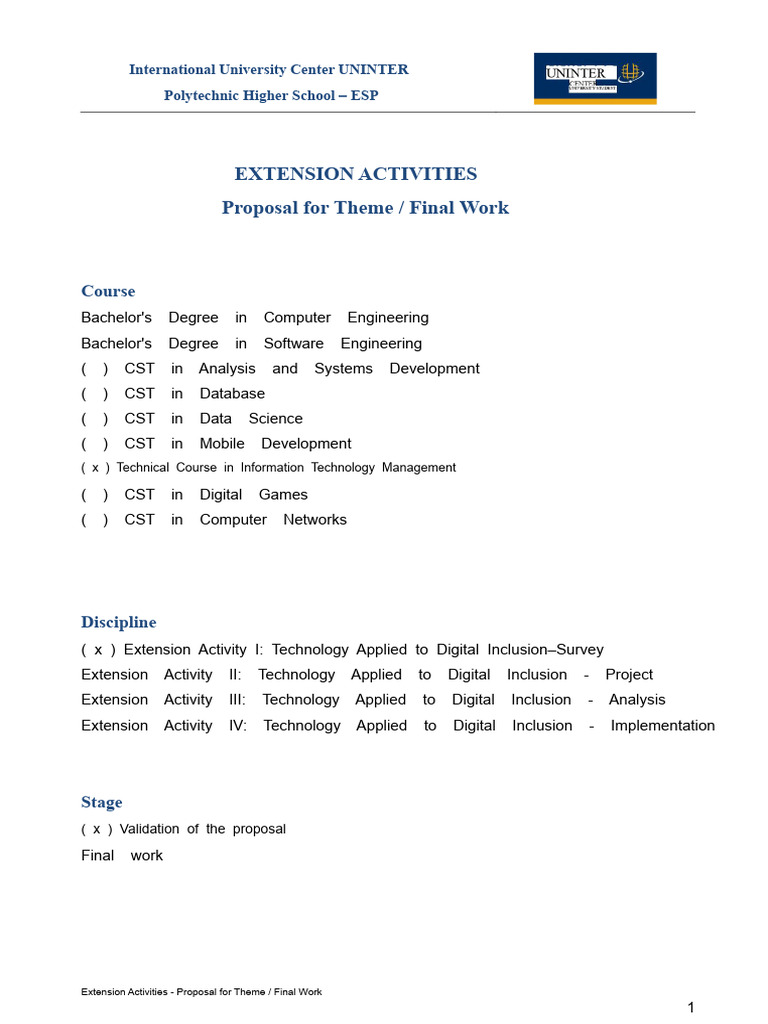 Extension Activities - Model Proposal for Topic and Final Work (08-10 ...