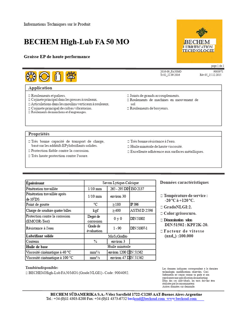 Graisse EP BECHEM High-Lub FA 50 MO | PDF | Huiles | Ingénierie mécanique