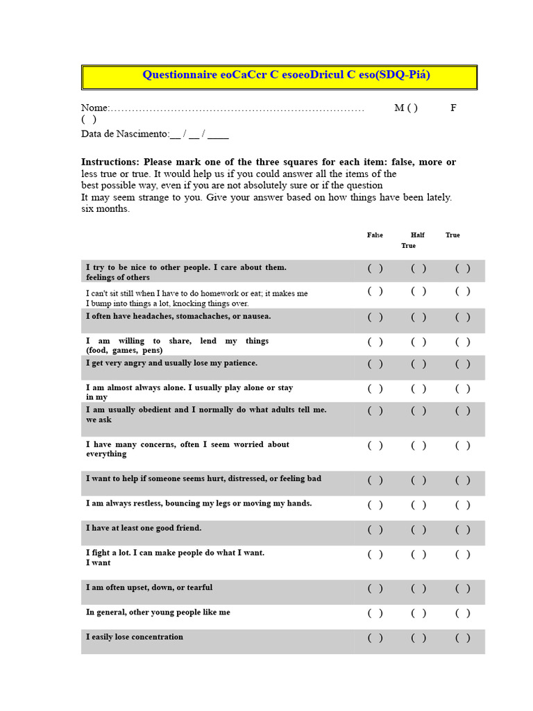 SDQ-Piá Questionnaire for Youth Assessment | PDF | Human Development ...